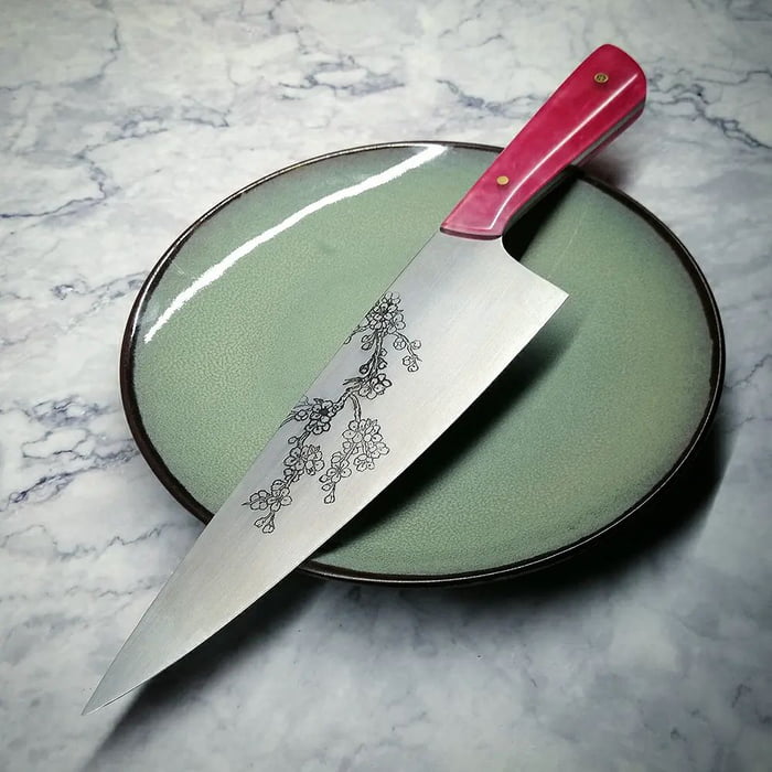 Etched a cherry blossom branch on this Chefs knife. Made the knife out ...