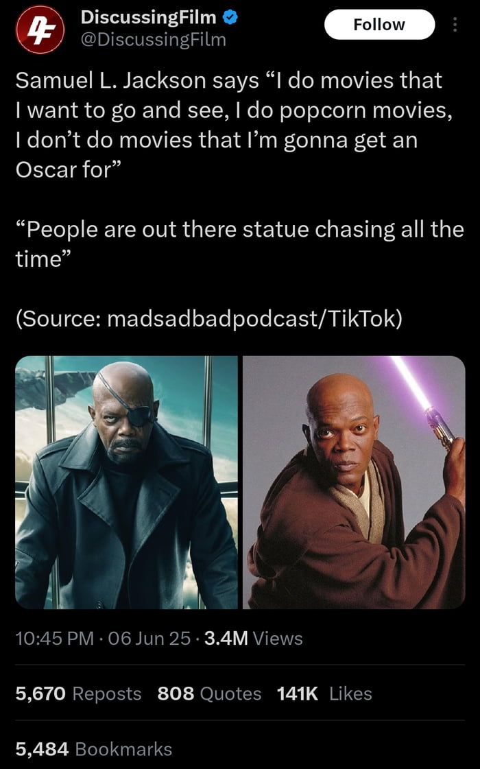 Samuel L. Jackson on making movies he enjoys watching. - 9GAG