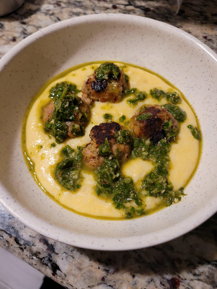 Veal Meatballs with Chimichurri on Manchego Polenta - 9GAG