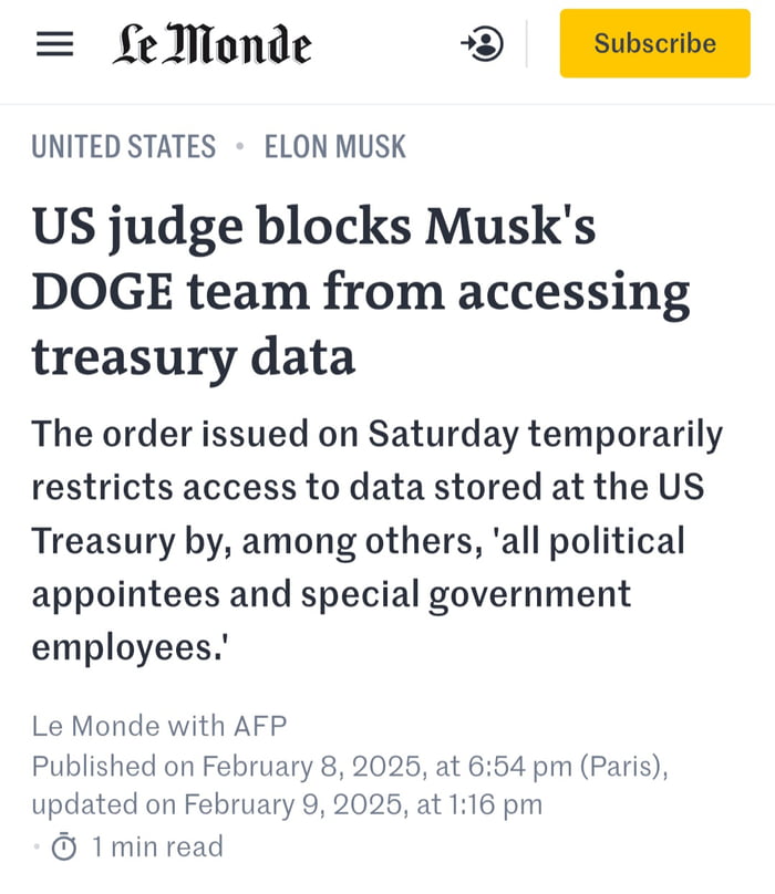 A U.S. judge blocked Elon Musk’s DOGE team from accessing Treasury data over security concern ...