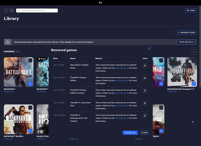 Games have been removed from your library. For an unlisted reason. Excuse me wtf EA? - 9GAG