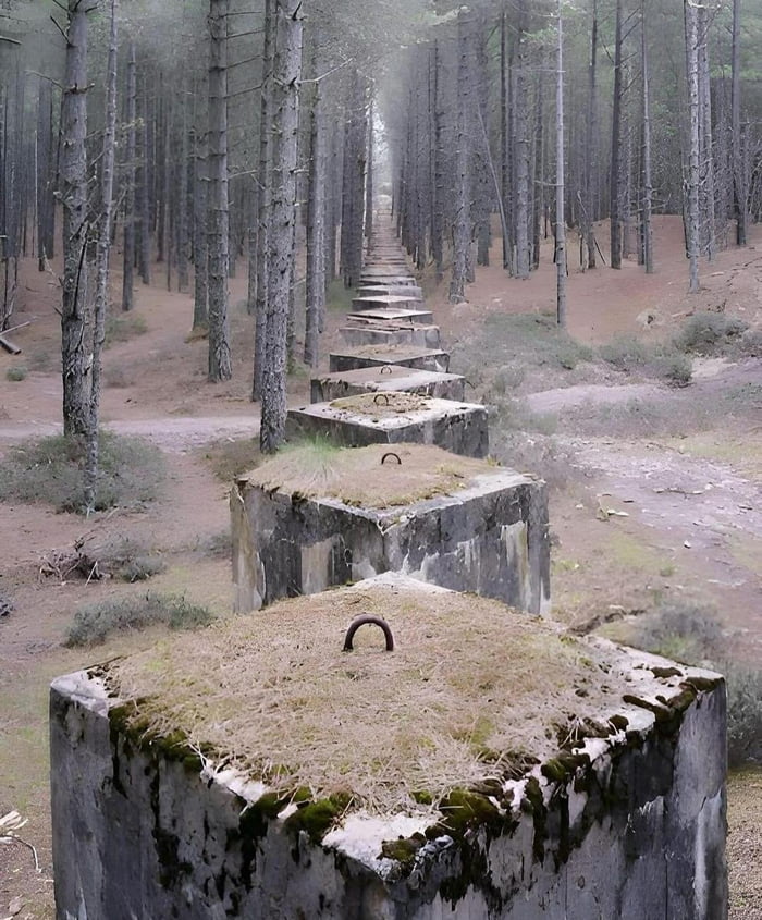 Cement blocks anti tank traps, ww2. - 9GAG