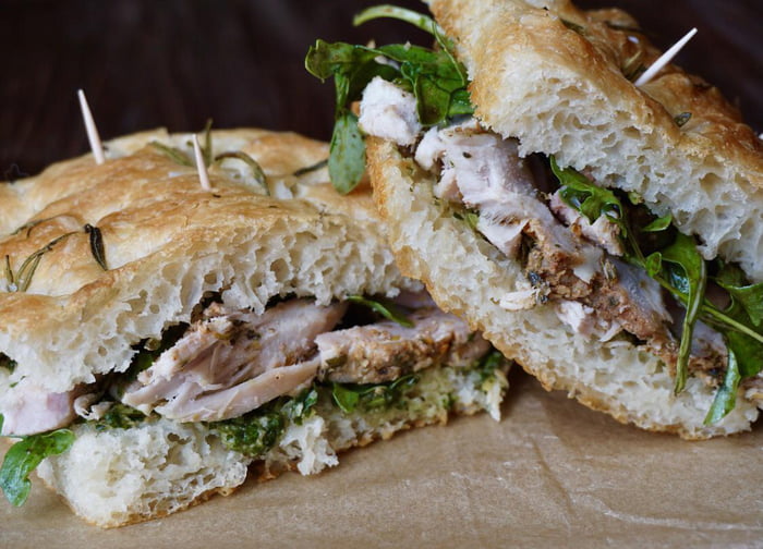 Leftover shredded porchetta on a Rosemary focaccia bread, with Italian ...