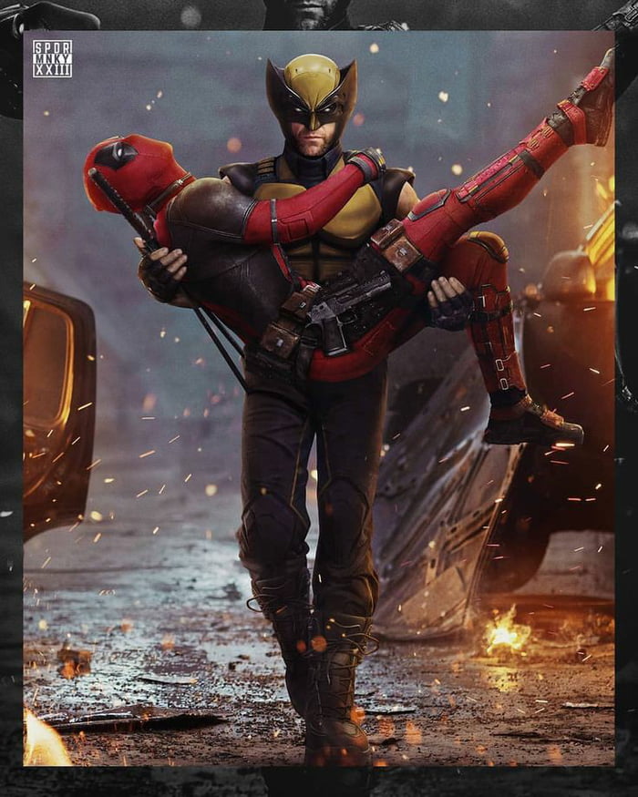 Deadpool being hold by Wolverine art by @Spdrmnkyxxiii - 9GAG