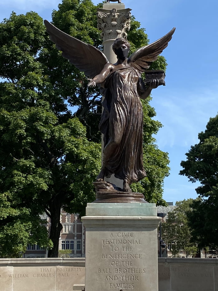 This statue at Ball State University has a mask on it! - 9GAG