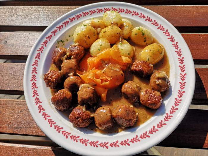 Swedish style meatballs with mushroom gravy, chive buttered new ...