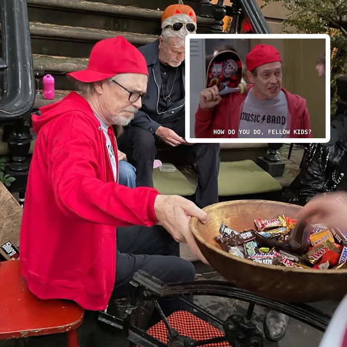 Steve Buscemi handing out candy dressed as his iconic meme - 9GAG