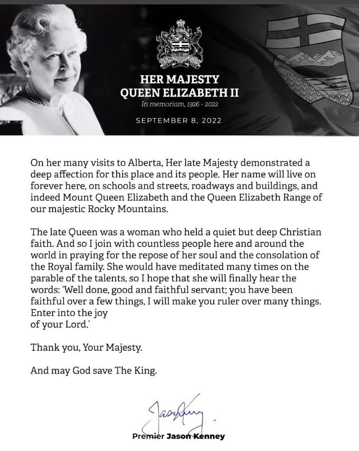 Alberta Premier Jason Kenney's statement about Queen Elizabeth's death ...