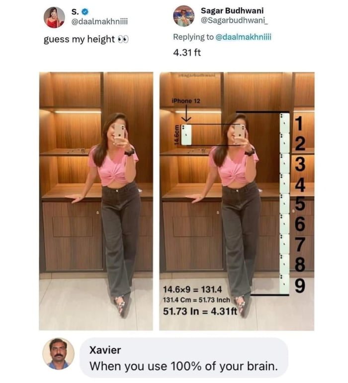 Wait reduce that by 4.3 cm as she is probably holding that about 41 cm away from her body. - 9GAG