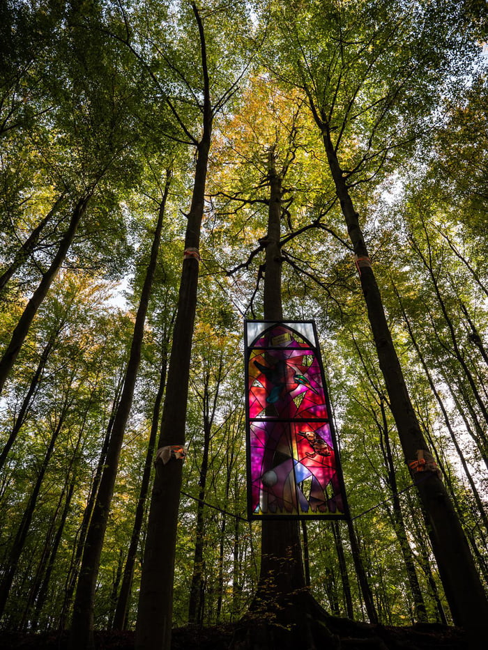 Came upon a stained glass window hanging in a forest in Belgium - 9GAG