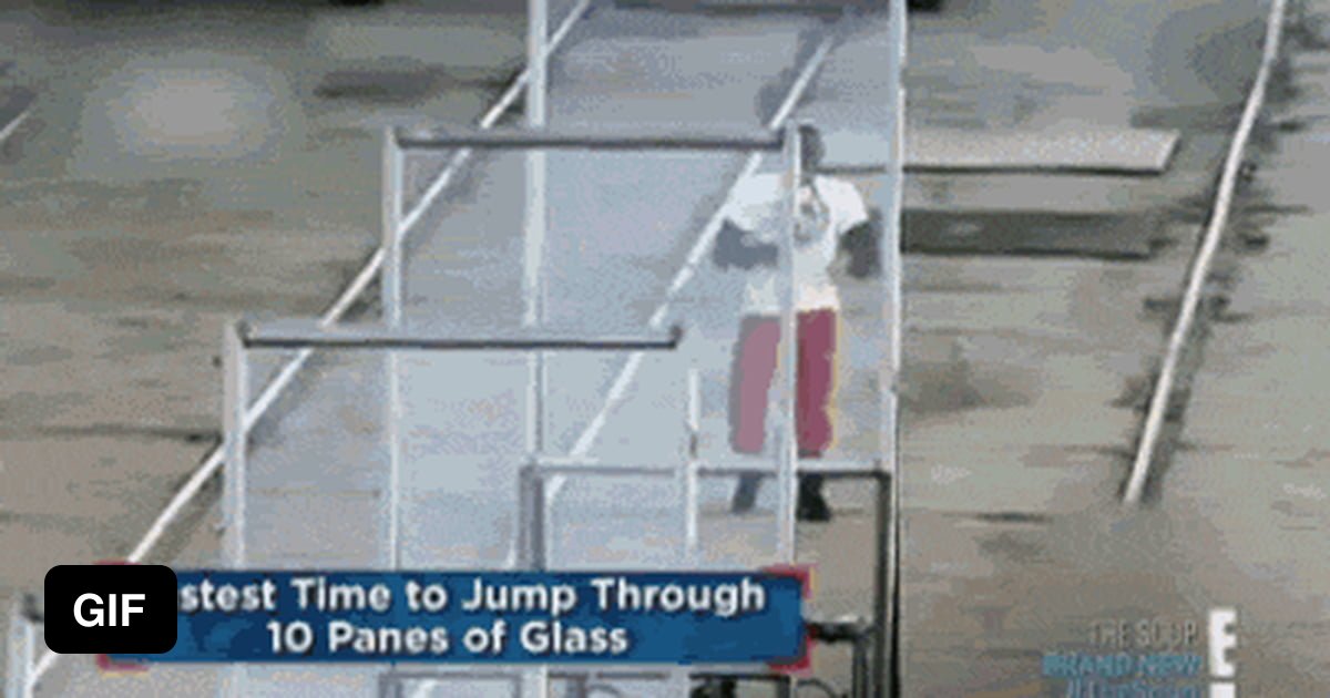 Guy tries to set up a World Record in jumping through 10 panes of glass ...
