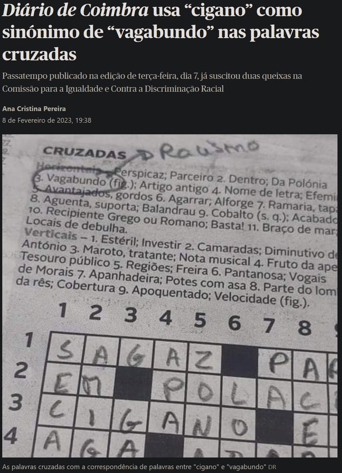 Local Portuguese newspaper's crossword uses "gypsy" as synonym for ...