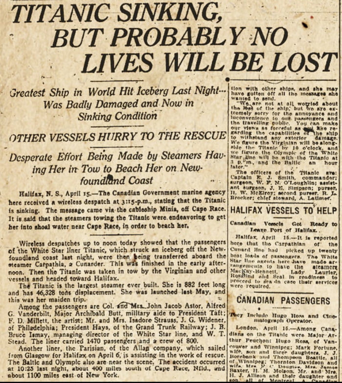 On this day in 1912, the first reports appear that the Titanic would ...