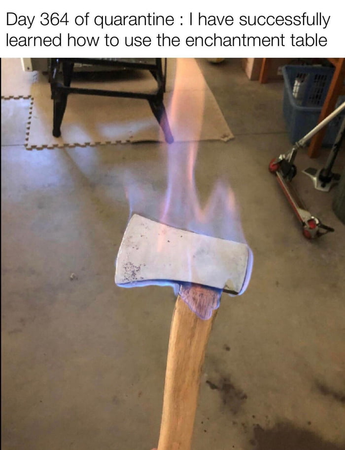 The enchanted Axe, Slayer of Wood, Knockback V, Flame II - 9GAG