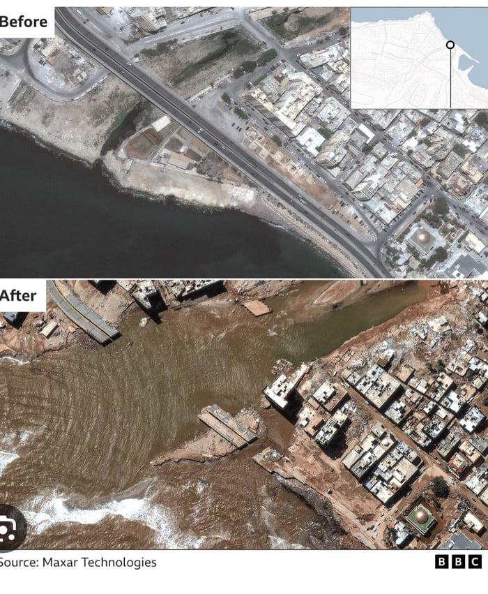 Darna, Libya satellite images Before and After the flood—20% of the ...