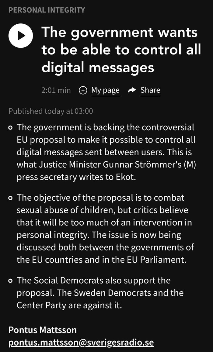 Swedish Government supports the EU bid to control all digital messages... - 9GAG