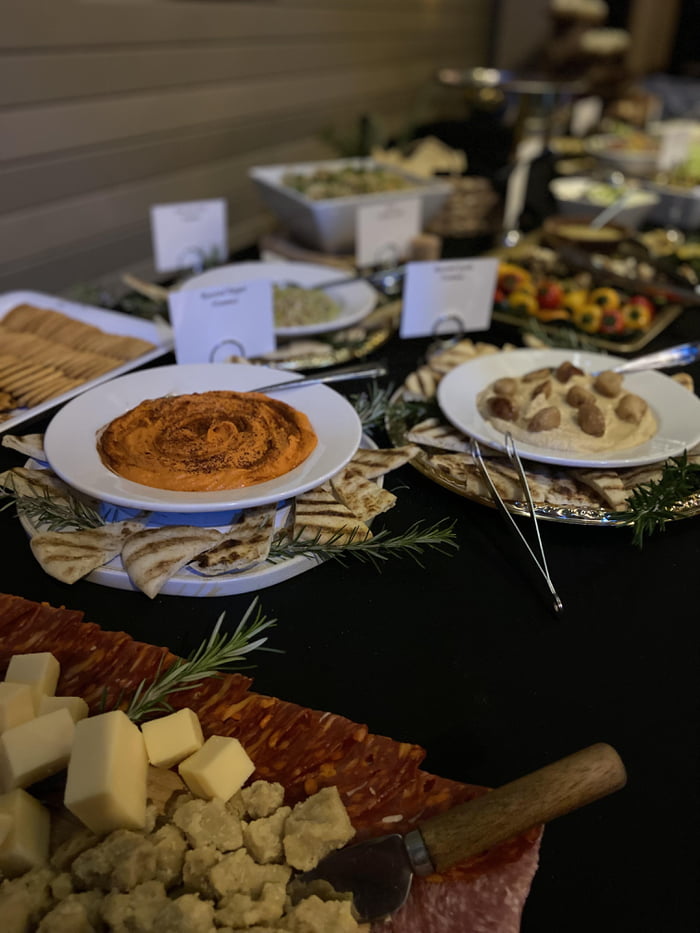 Toga Party Buffet with 3 types of hummus, charcuterie, gyro station ...