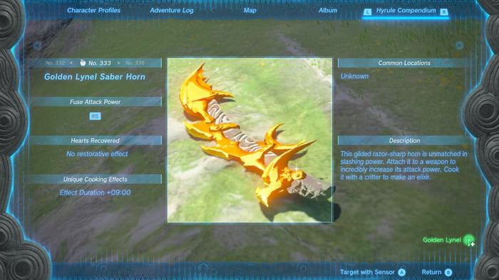 Datamined compendium entry for Golden Lynel Saber Horn - 9GAG