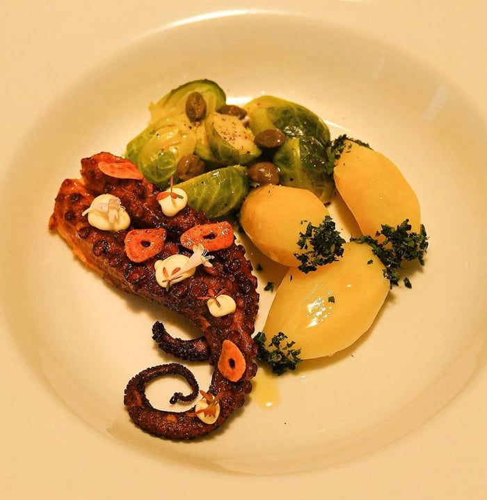 Good morning! octopus, paprika, olive oil, potatoes, capers, brussels ...