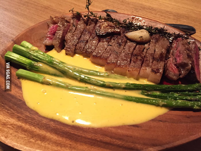 Pan-seared Tokachi Wagyu Steak with Roast Asparagus and Hollandaise - 9GAG
