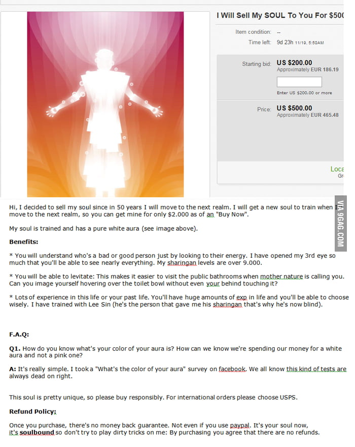 So this guy is selling his soul on ebay... - 9GAG
