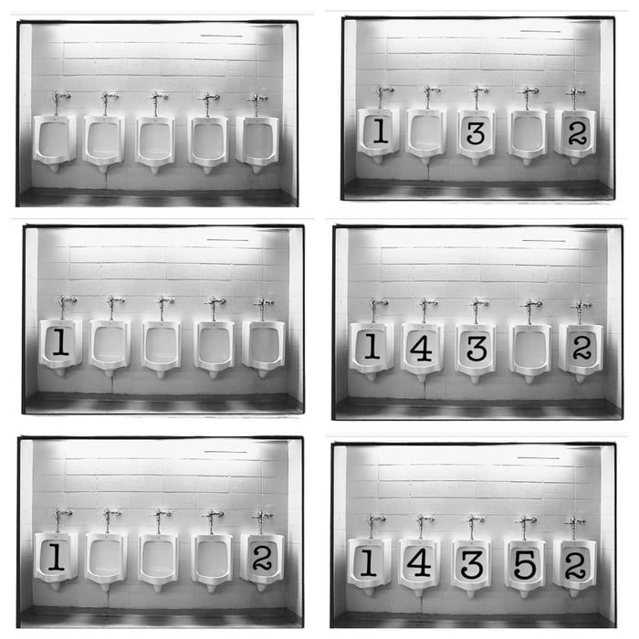 Proper Urinal Etiquette ...assuming the door is on the right. - 9GAG