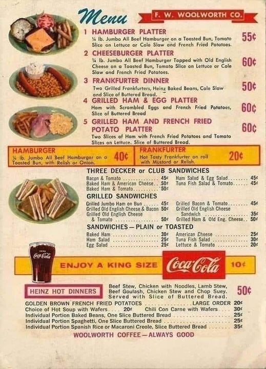 1964 F. W. Woolworth lunch counter menu - 9GAG