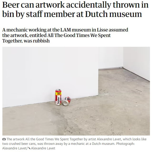 A pair of painted cans, which seems were an artwork, thrown into the trash by a cleaning staff ...