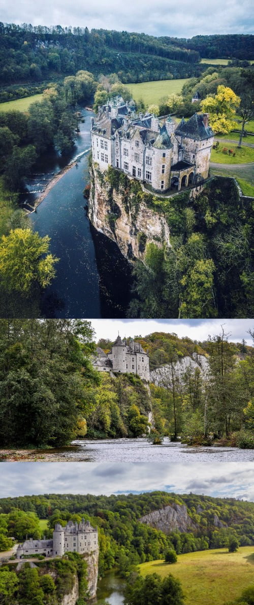 Walzin Castle on a steep cliff, overlooking the Lesse River and the ...