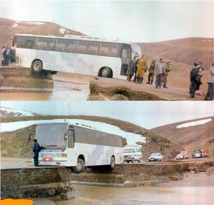 There was a Mitsubishi bridge in Türkiye. When bus passing bridge ...