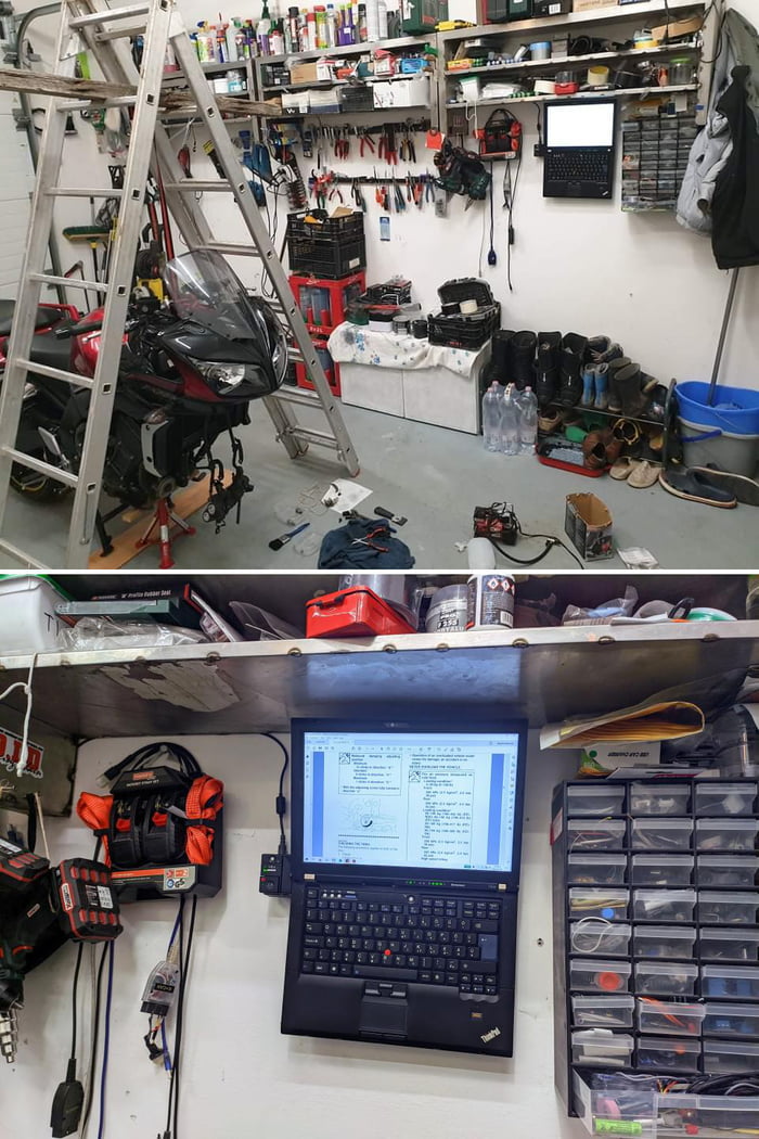 Rate my brother's setup! Trusty T400 serves as workshop PC. - 9GAG