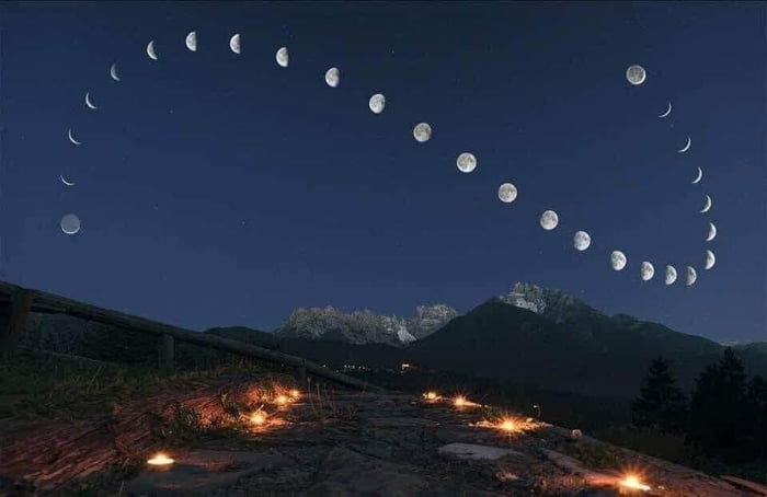 The Moon. A photo taken continuously for 28 days, at the same place, at ...