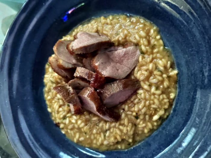A goat cheese Risotto infused with duck, and duck breast - 9GAG