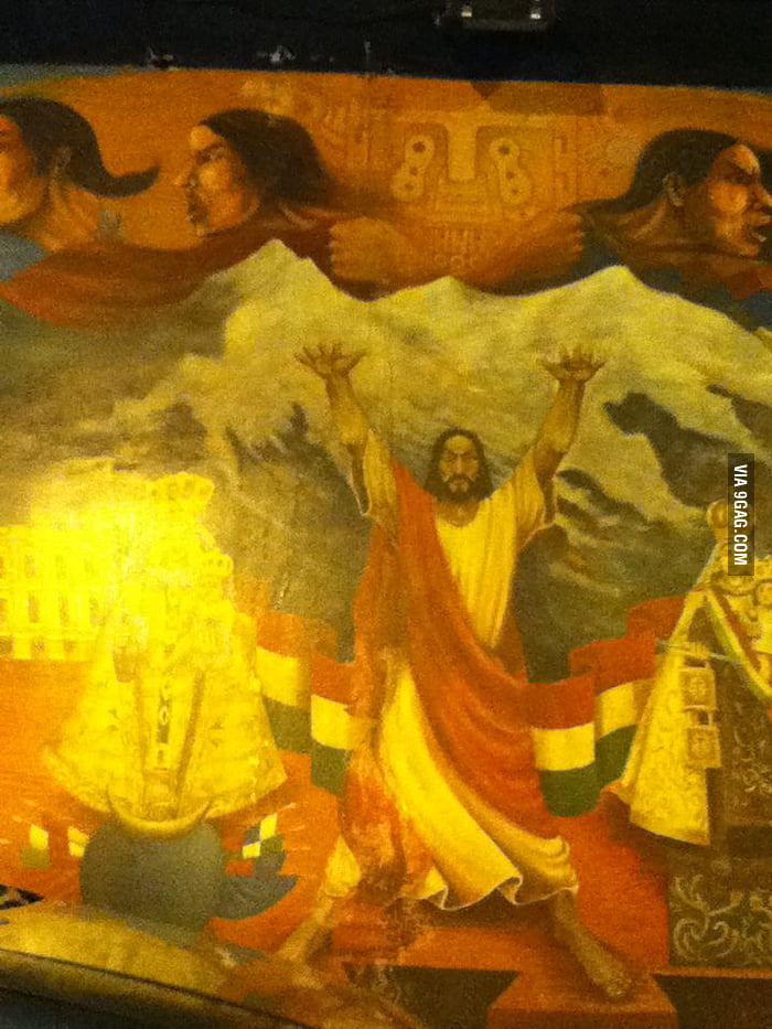 A wall painting in La Paz, Bolivia: Jesus charging a Spirit Bomb. - 9GAG