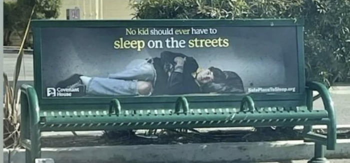 This bench advertises that “No kid should ever have to sleep on the ...