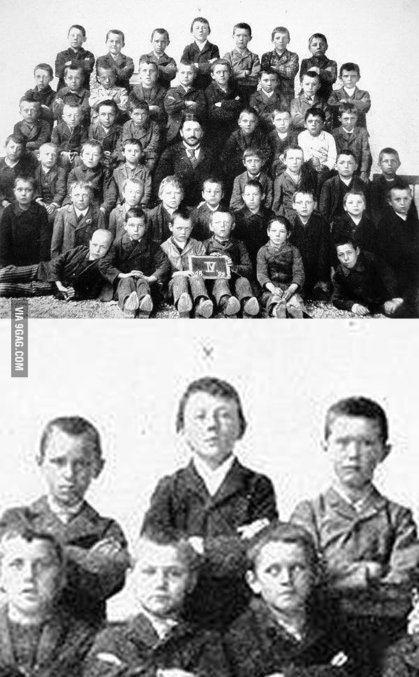 Hitler's 4th grade class, 1899 (he's at the top in the middle) - 9GAG