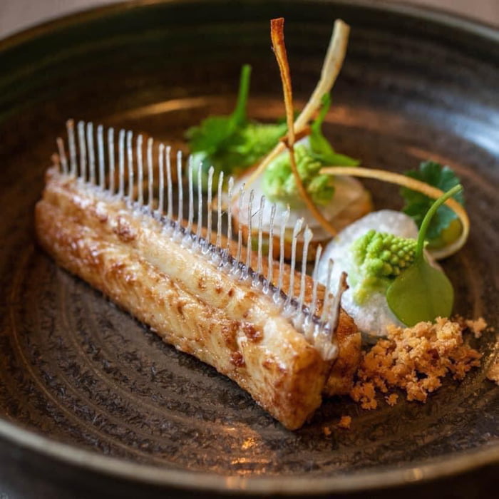 Pan Seared Bone-in Halibut with Blanched Romanesco and Sea Foam - 9GAG