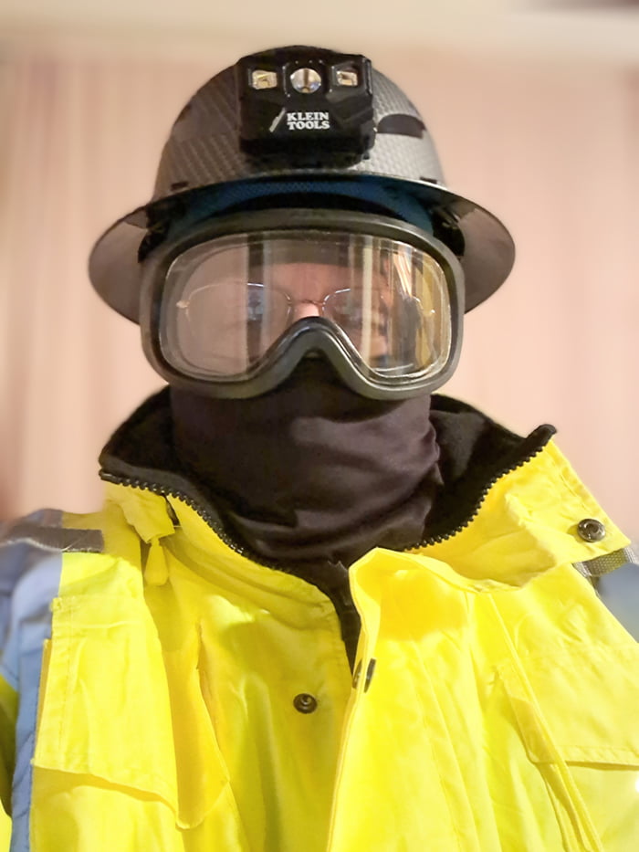 COLD WEATHER WORK GEAR. REFLECTIVE JACKET, BALACLAVA, HARD HAT, THICK ...