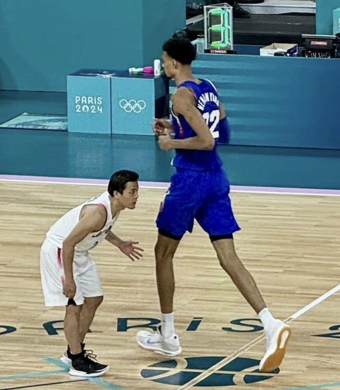 Height difference between France player Victor Wembanyama (7’4”) and Japan player Yuki Togashi ...