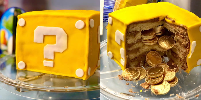 Question Block Cake filled with chocolate coins - 9GAG