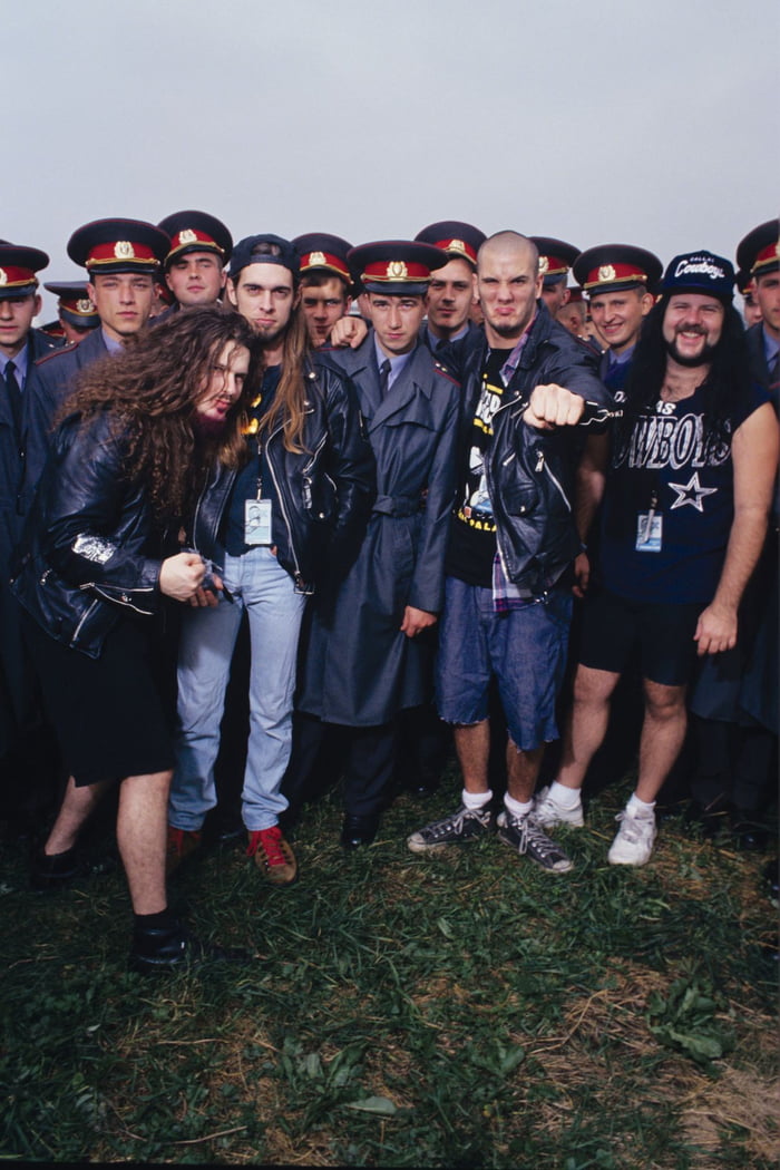 Pantera posing with russian officers at 1991 Monsters of Rock festival ...