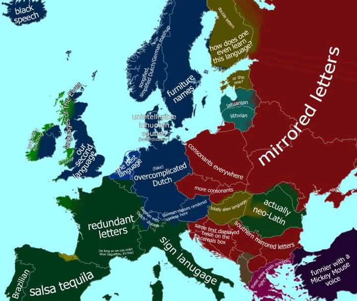 Visualization on map of European languages according to the Dutch (satire) . - 9GAG
