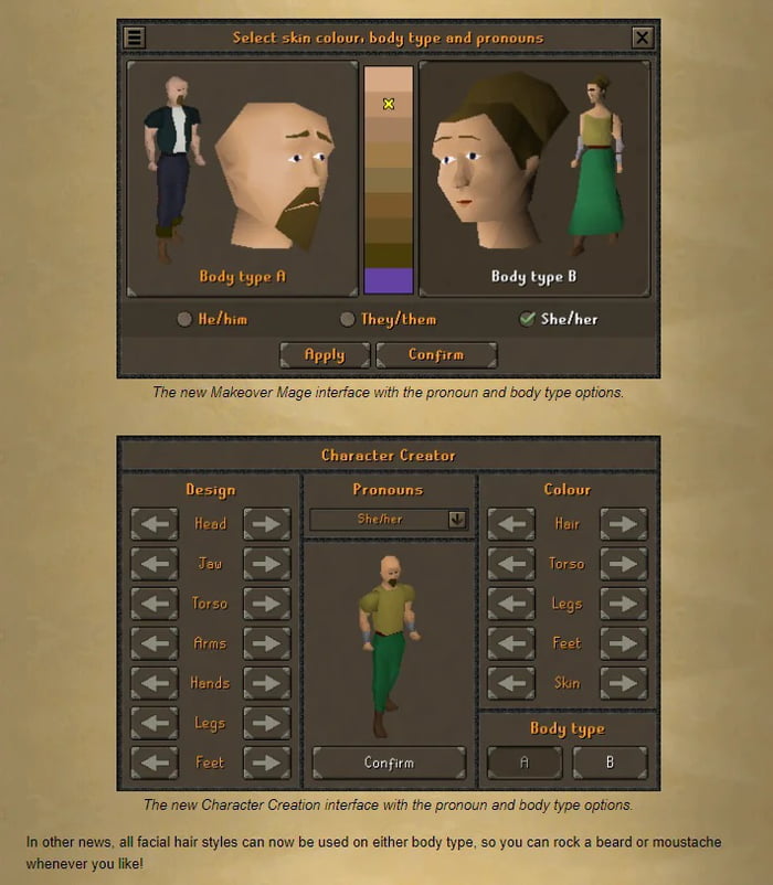 OSRS adds pronouns choice and removes gender in favour of Body Type A/B ...