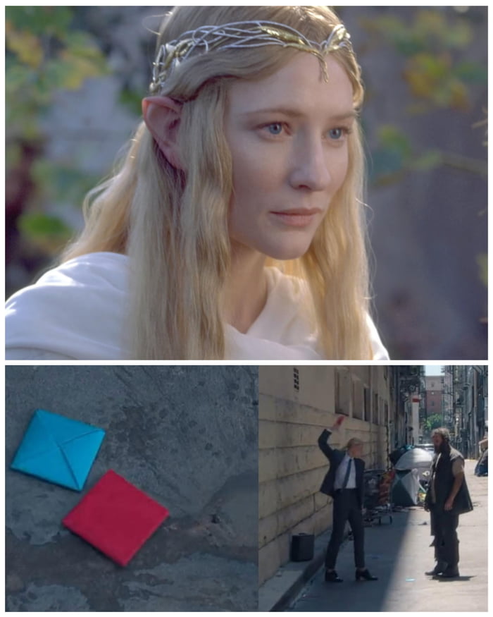 I cannot get over the image that the fine Galadriel playing paper flipping game with homeless ...