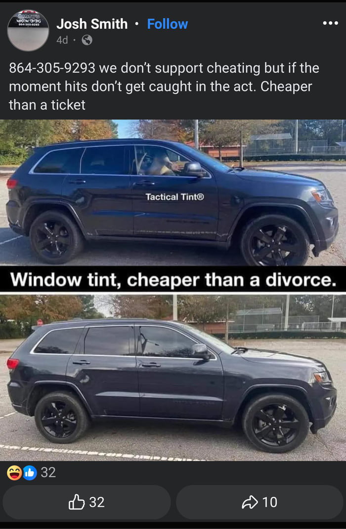 This Facebook post advertising window tints to avoid getting caught cheating - 9GAG