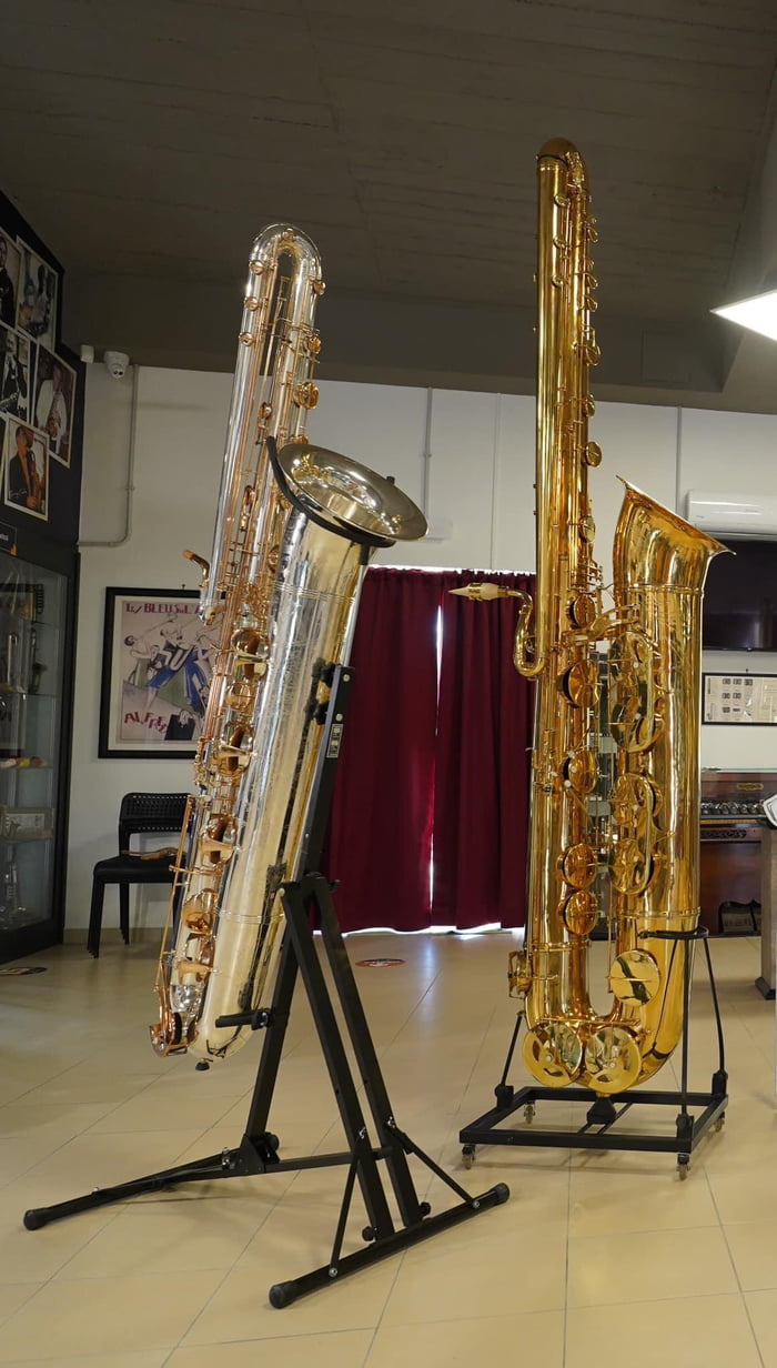 Of a Subcontrabass saxophone (right), 2.7m tall (Contrabass sax on the ...