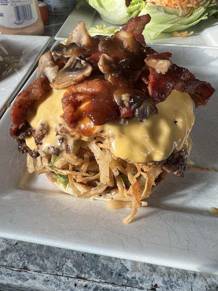 Double smashed bacon cheeseburger with crispy onions. - 9GAG