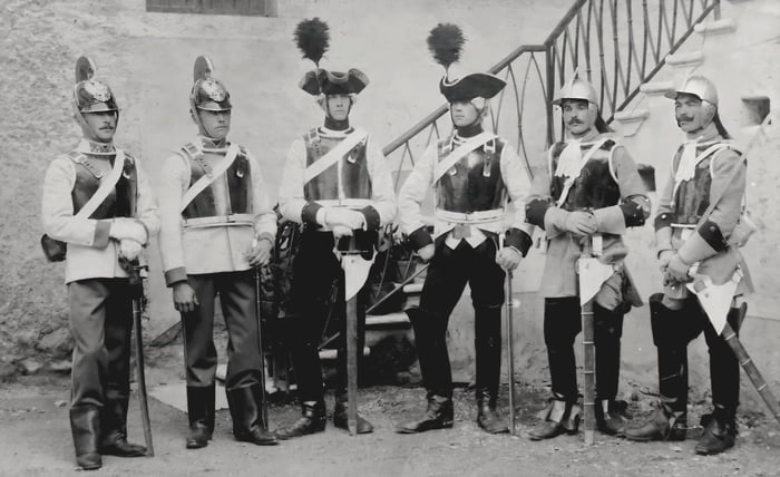 Austrian cavalrymen posing in historical uniforms their regiment worn ...