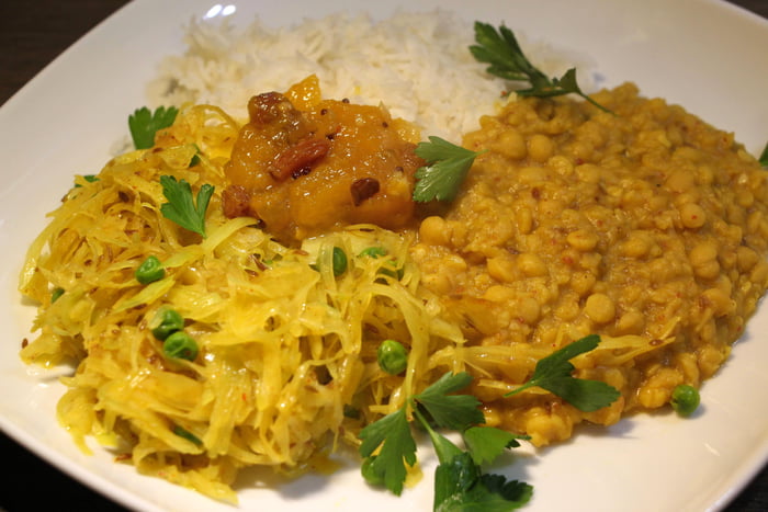 Cabbage with Peas (Bund gobi aur matar), Chana Dal, Aged Basmati Rice ...