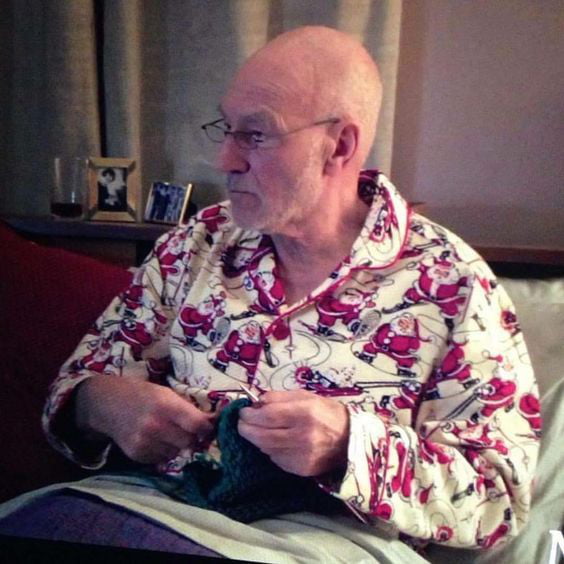 Sir Patrick Stewart knitting in Santa Clause pajamas - 9GAG